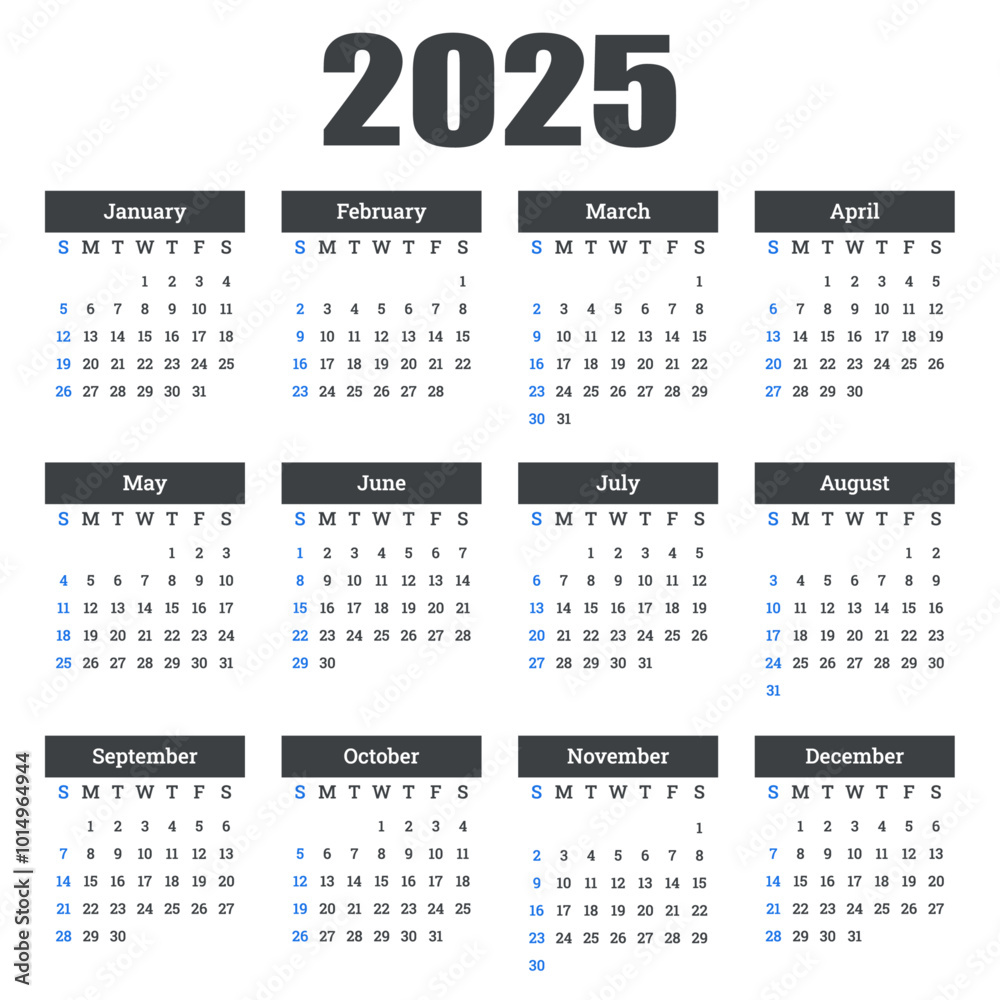 Calendar 2025, Calendar 2025 Week Starts Sunday, Corporate design planner template. Vector ...