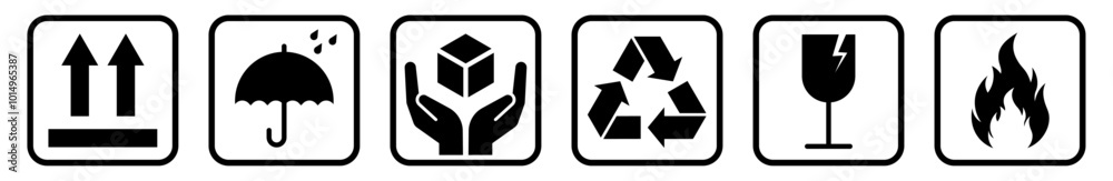 Common packaging & warning symbols with black frame. This side up, Keep dry, Handle with care ...