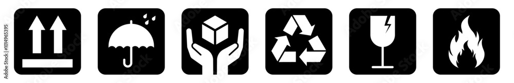 Common packaging & warning symbols in black with rounded stroke. This side up, Keep dry, Handle ...