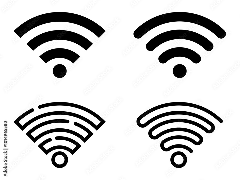 Wi-Fi signal icon set. Four wireless network symbols in simple black line art. Isolated vector ...