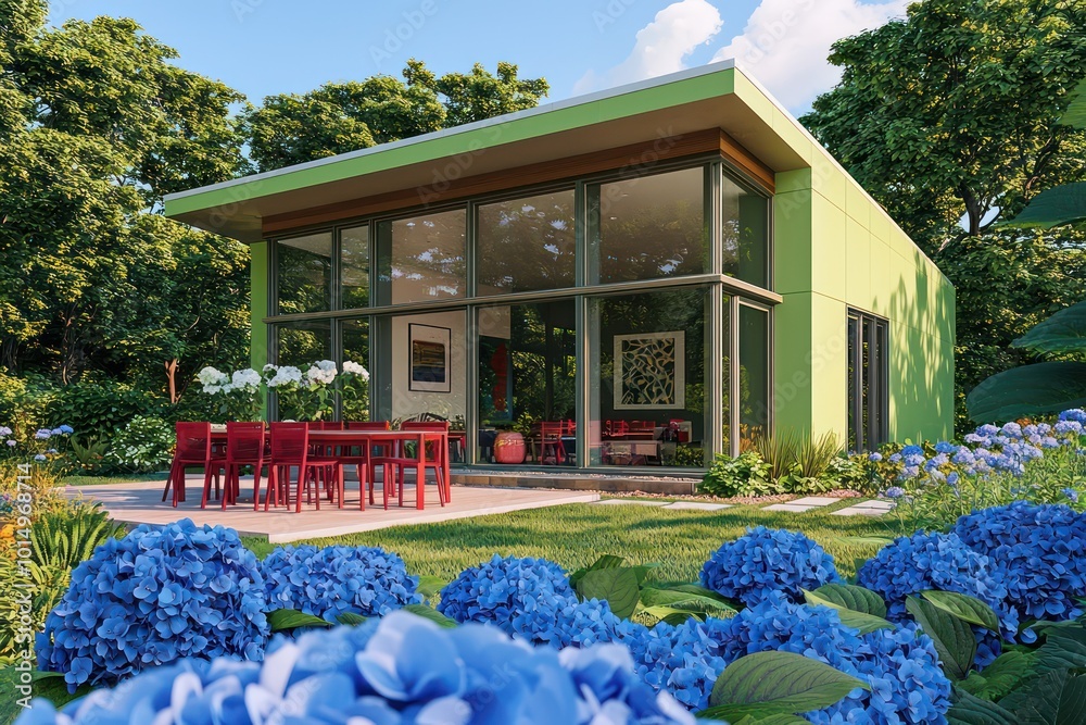 Sage green modern home, encircled by cerulean blue hydrangeas, with ...
