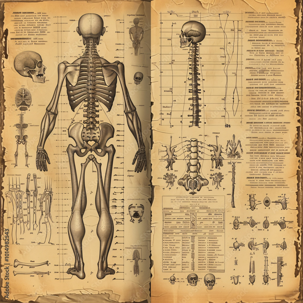 Vintage anatomical illustration showcasing a detailed human skeleton ...