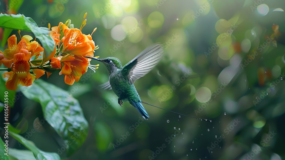 Hummingbird Long-tailed Sylph, Aglaiocercus kingi with orange flower ...