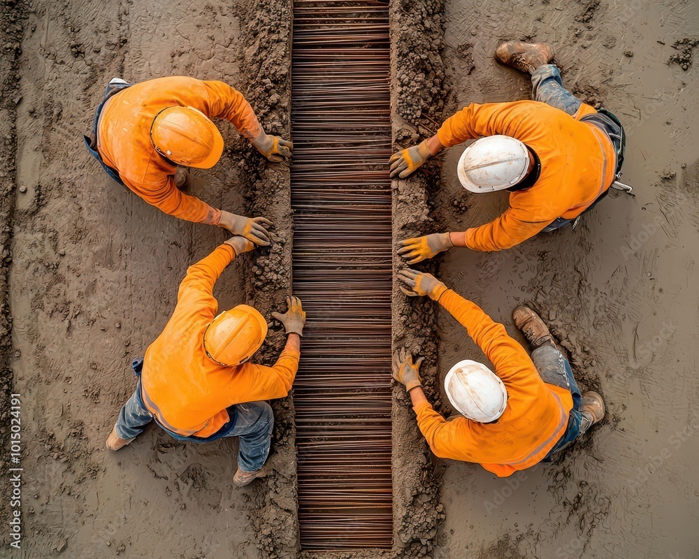 Construction team laying rebar framework for concrete slab foundation ...