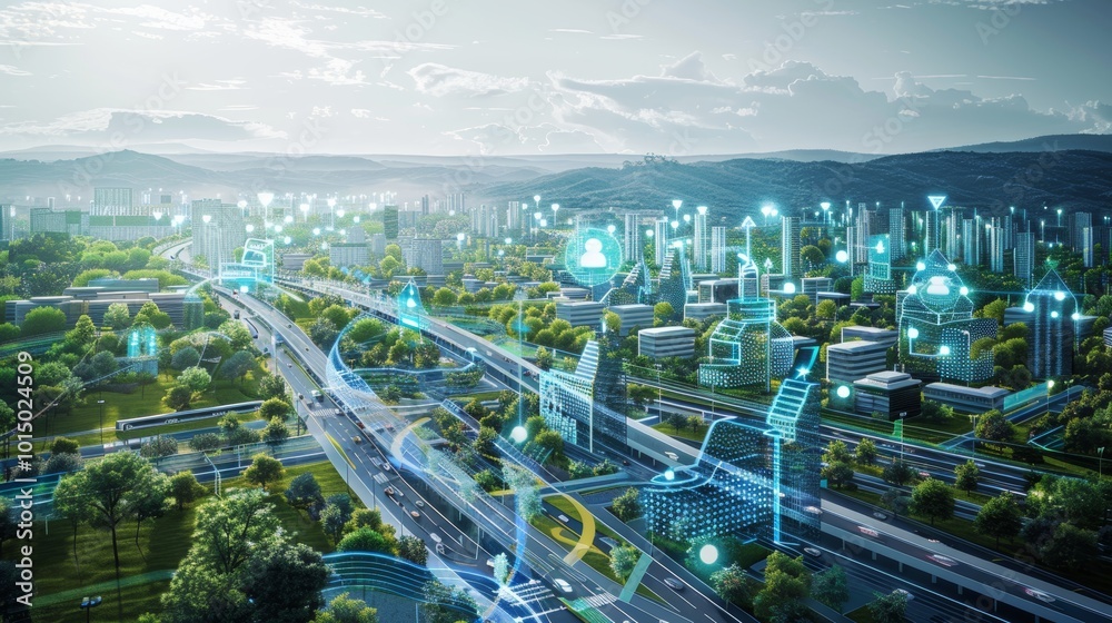 Blueprint of a futuristic smart city with interconnected buildings and ...