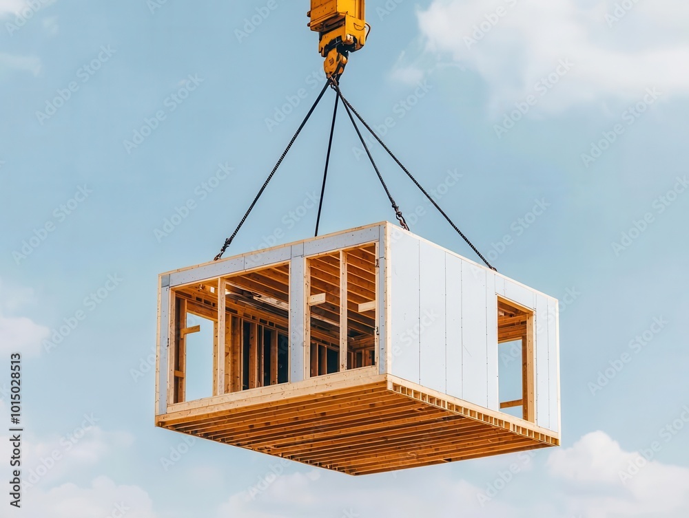 Crane lifting a prefabricated home unit into place on construction site ...