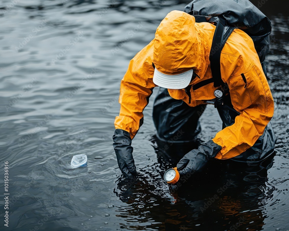 Technician conducting dye tracer tests in a river to study pollutant ...