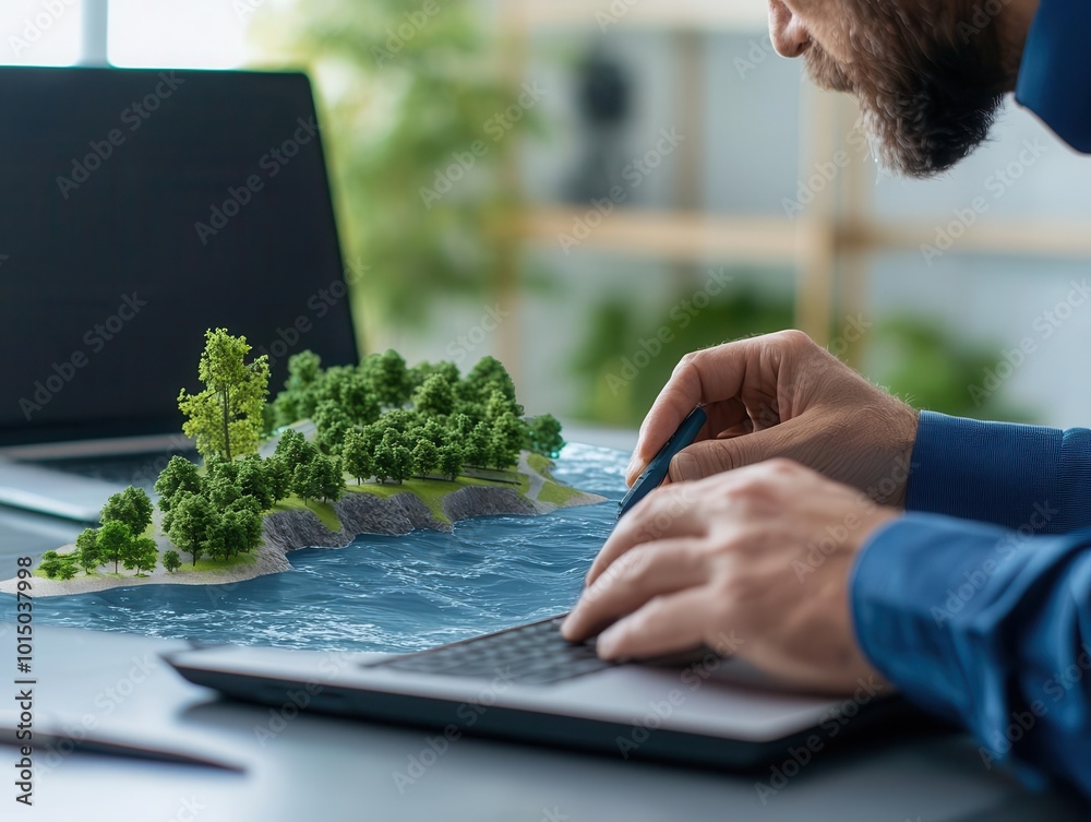 Engineer using software to model water flow dynamics in a river system ...