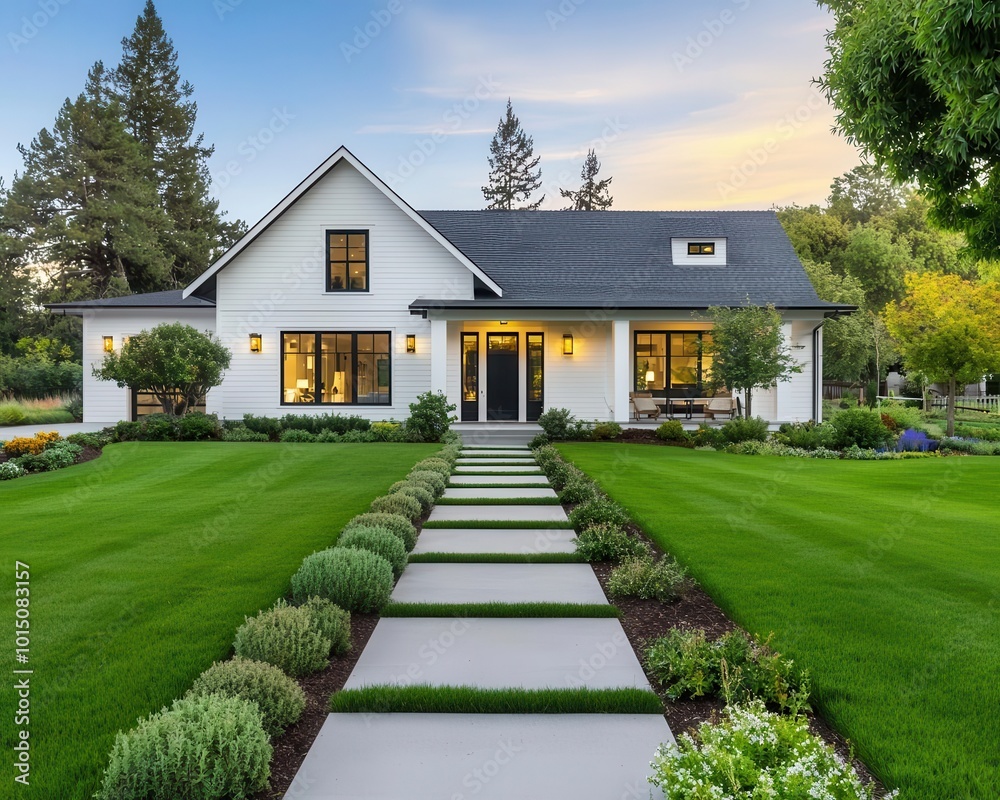 Modern farmhouse exterior with majestic elm trees framing the front ...