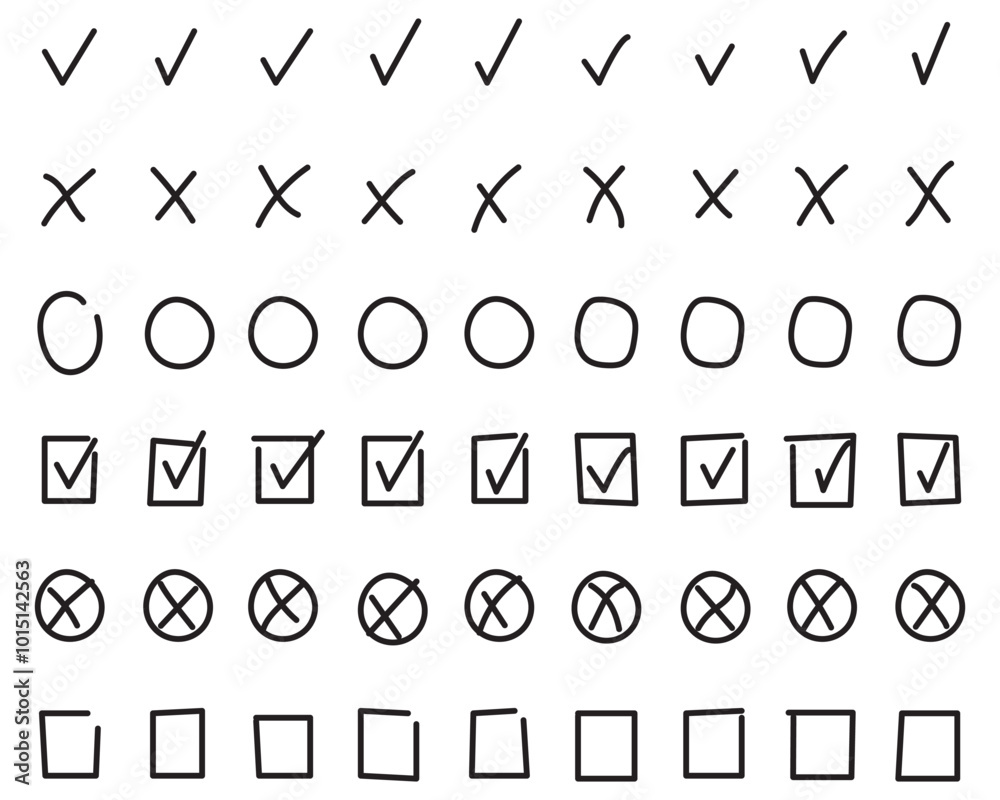 Check marks doodle set. Checkbox, checklist, tick and cross signs, v and x in sketch style. Hand ...