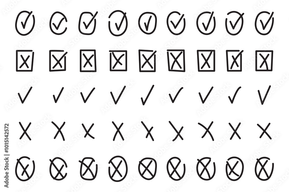 Check marks doodle set. Checkbox, checklist, tick and cross signs, v ...