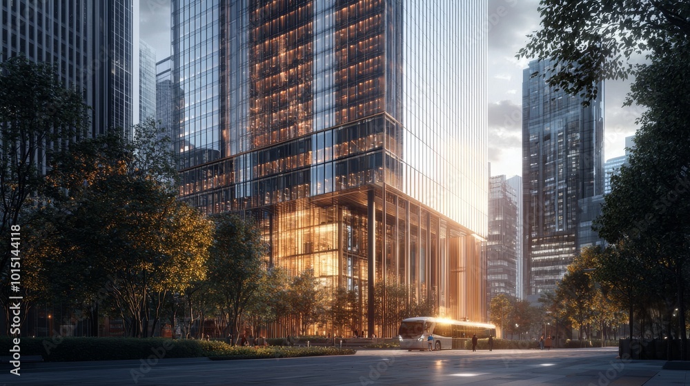 photorealistic 8k image of a single prominent modern skyscraper with a ...