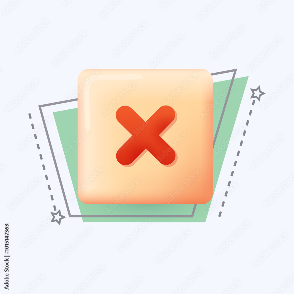 3d cartoon style cross in red box icon on white background. Rejected or ...