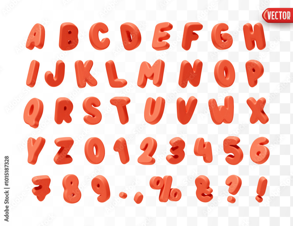 Red Font realistic 3d design. Complete alphabet and numbers from 0 to 9 ...