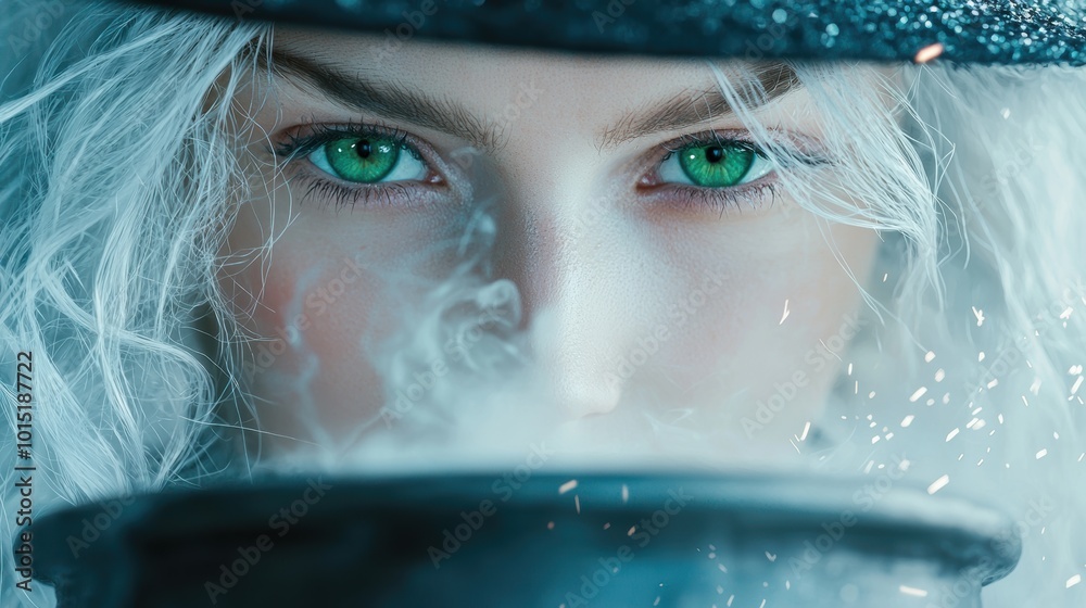 A witch with emerald green eyes and flowing silver hair stirring a ...