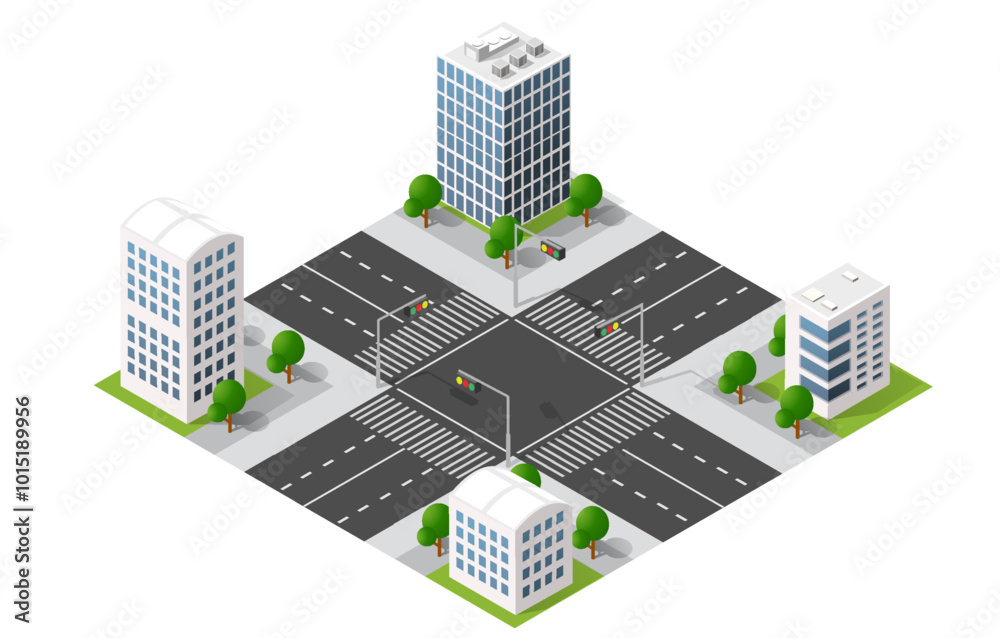 This isometric illustration shows a city intersection with traffic ...