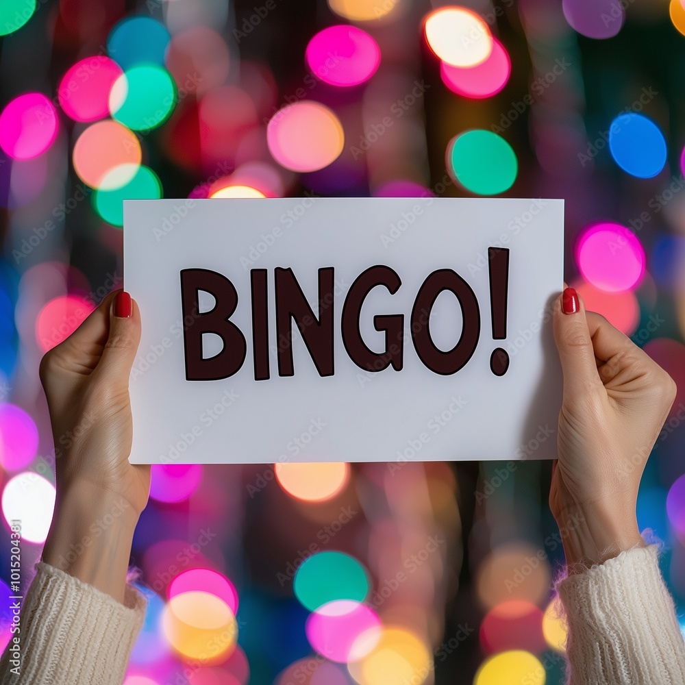 Close-up of two hands holding up a white sign with the text "BINGO!" on ...