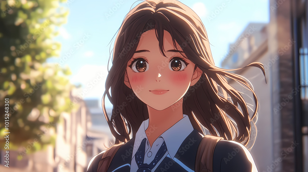 A striking anime screencap featuring a female character with brown hair ...