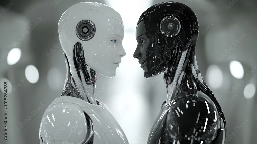 Two humanoid robots, one white and one black, stand facing each other in a futuristic setting ...