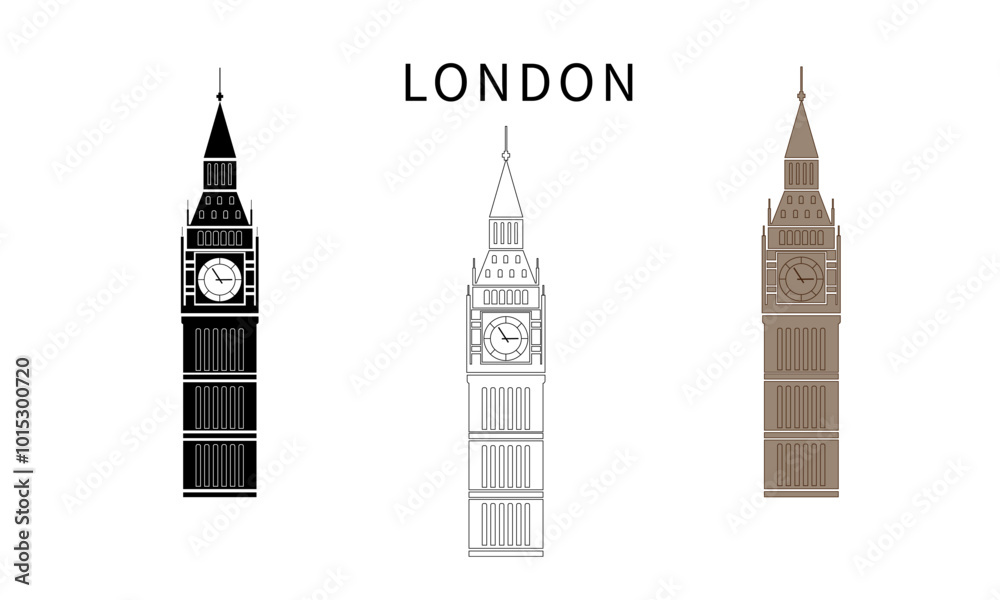big ben vector set- silhouette, outline, and colored version Stock ...