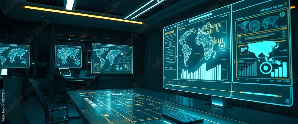 Ilustración de Stock Futuristic Control Room with Interactive Network ...