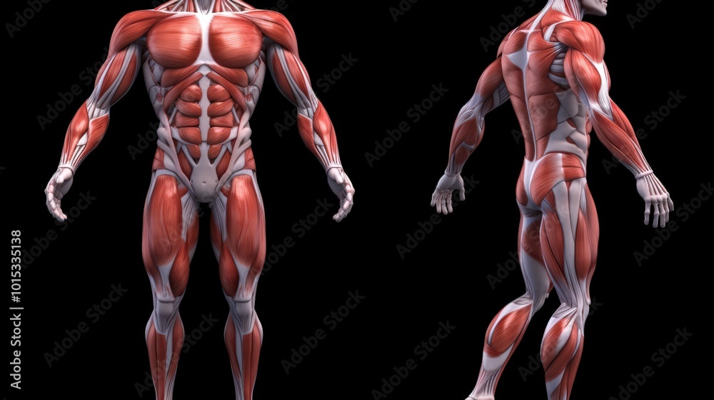 Anatomical chart showcasing muscular system from multiple angles ...