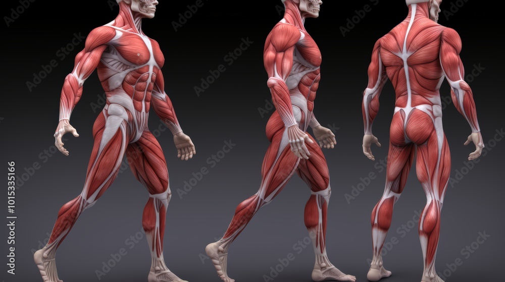 Anatomical chart showcasing muscular system from multiple angles ...