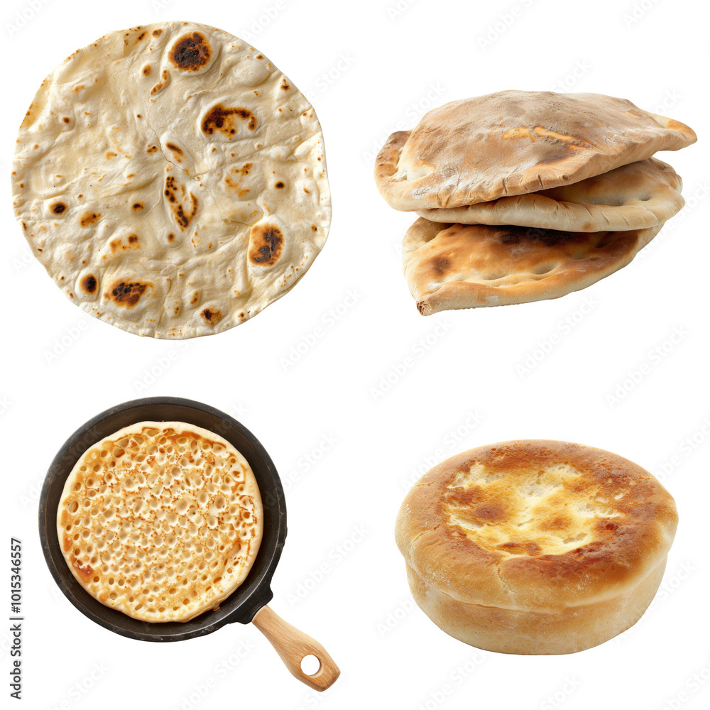Collection of 4 bread bun slice set. English Muffin, Crumpet griddle ...