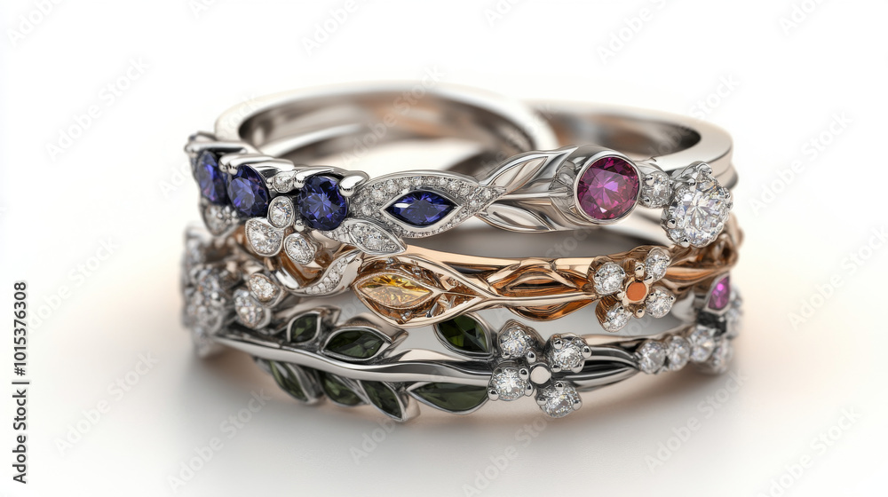 A beautiful set of silver and palladium rings, sparkling with diamonds ...