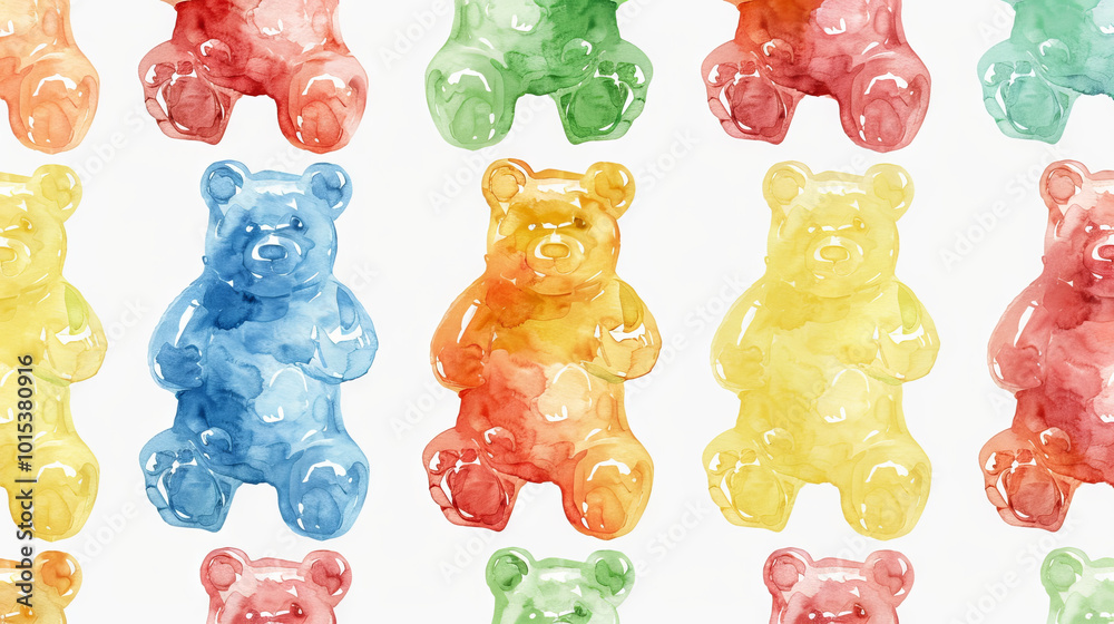 Colorful watercolor gummy bears candy pattern in red, green, yellow ...