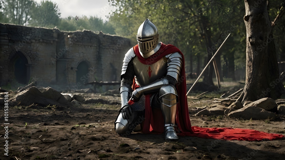Knight in Full Armor Kneeling in Prayer Amidst a Battlefield ,Symbol of ...
