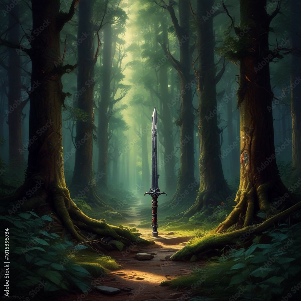 Realistic illustration of ancient sword in the middle of path in ...