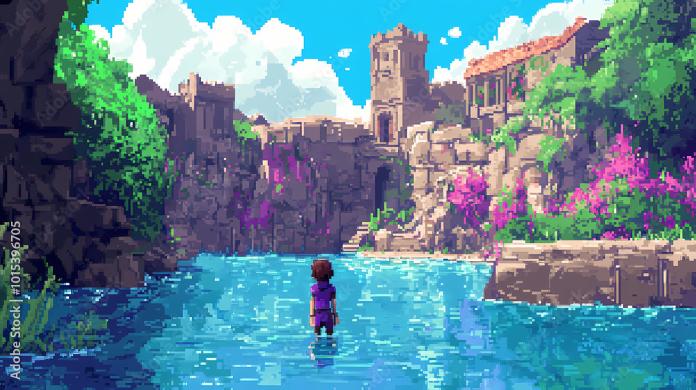 Retro pixel art fantasy sci-fi adventure world with vibrant blocky ...