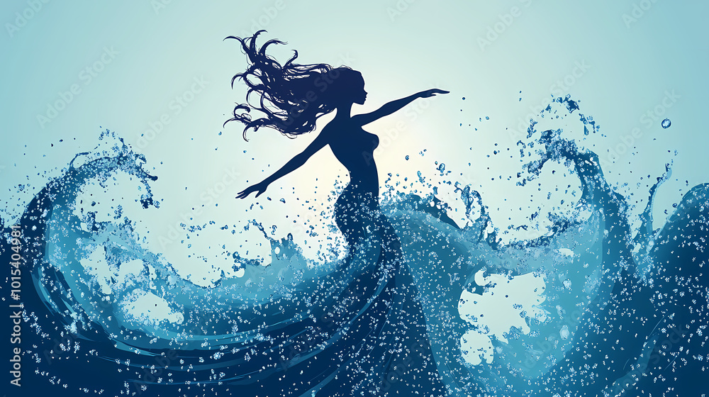 Water sprite dancing in waves flat design top view, mythical creatures ...