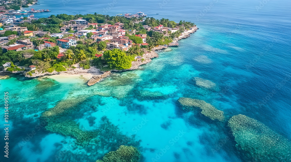 An aerial shot of San Andrés Island in Colombia, showing the coral ...