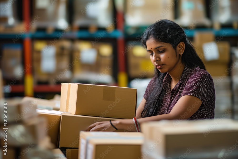 Indian woman works in shipping office, managing packing records. Woman ...