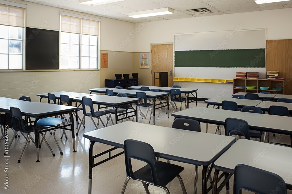 Empty elementary school classroom with rows of desks and chairs. Large ...