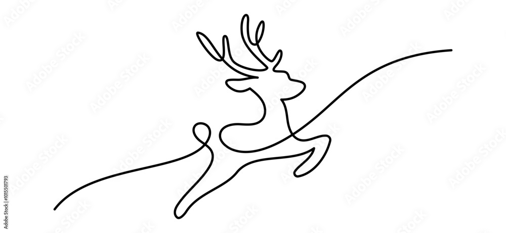 One continuous line drawing of christmas reindeer. Wild animal deer ...