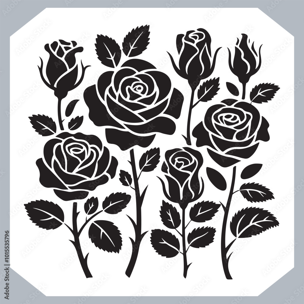 Roses set silhouette vector illustration, black and white bold line ...