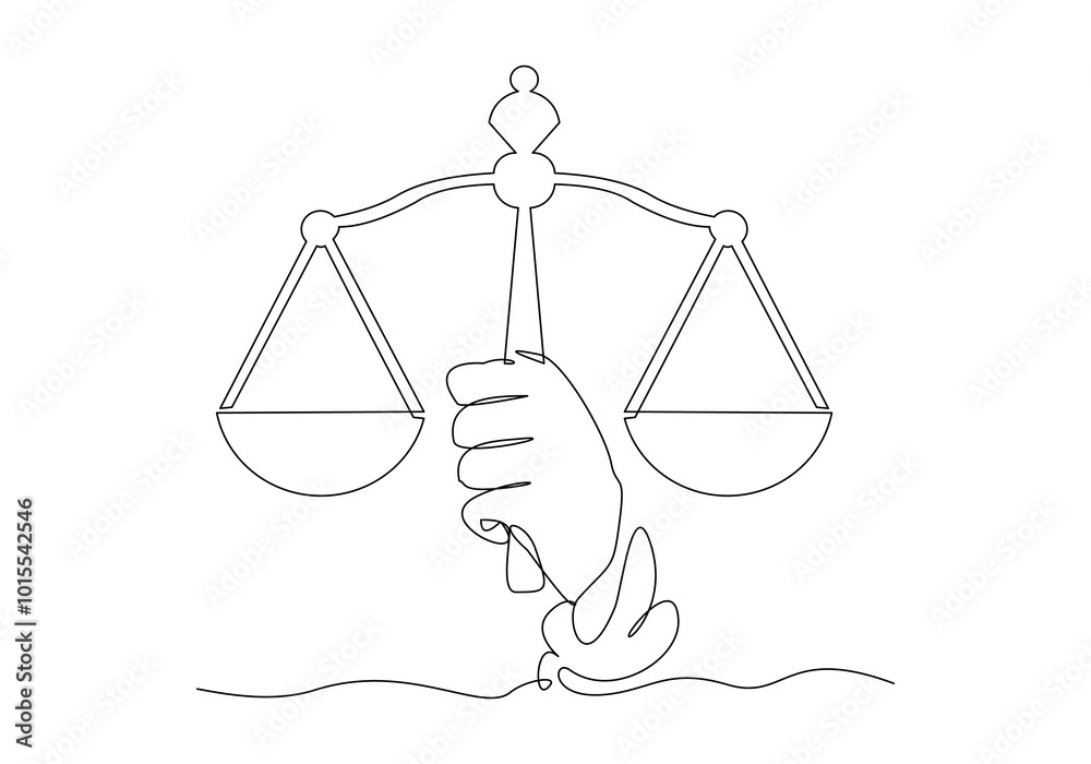 Continuous single line sketch drawing of hand holding gavel law balance ...