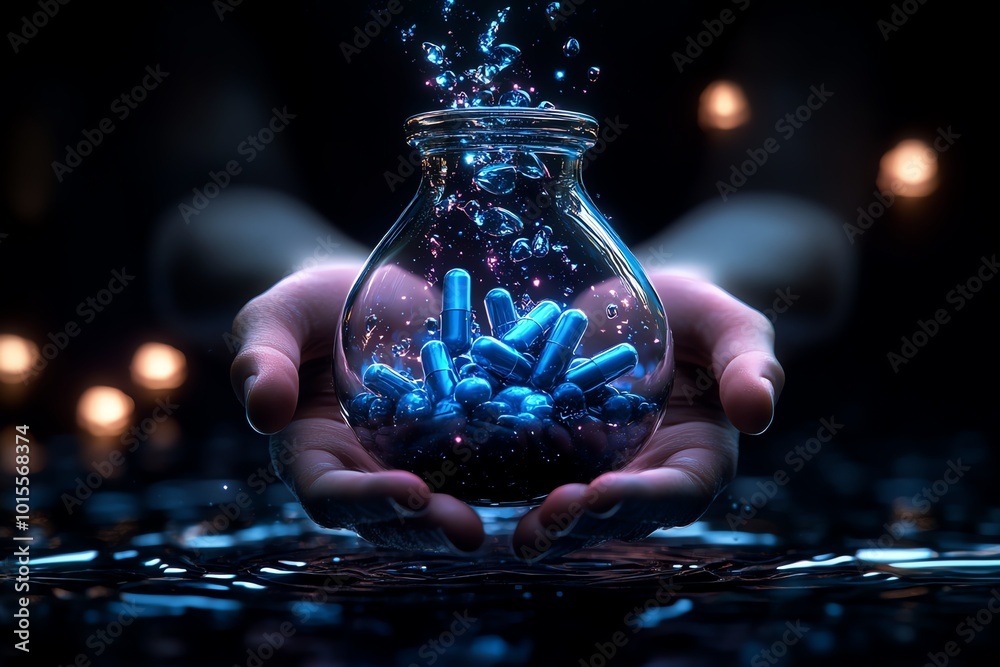 Fantasy depiction of a potion transforming into capsules in mid-air ...