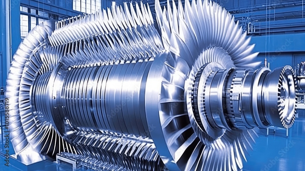 Inside a gas turbine power station, showing a series of turbines ...