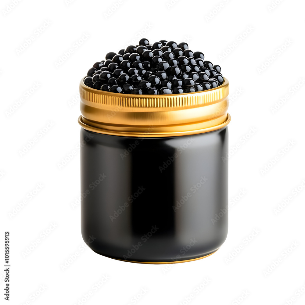 Luxury caviar jar with golden lid, packed with black pearls, isolated ...