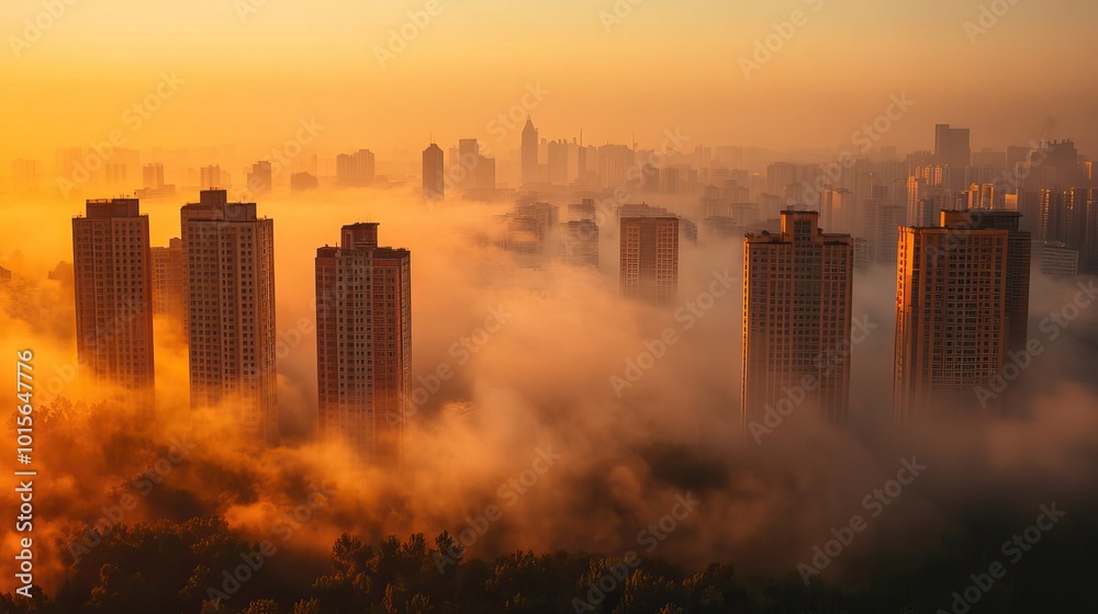 Thick clouds of pollution choke a city, the air heavy with smog, as ...