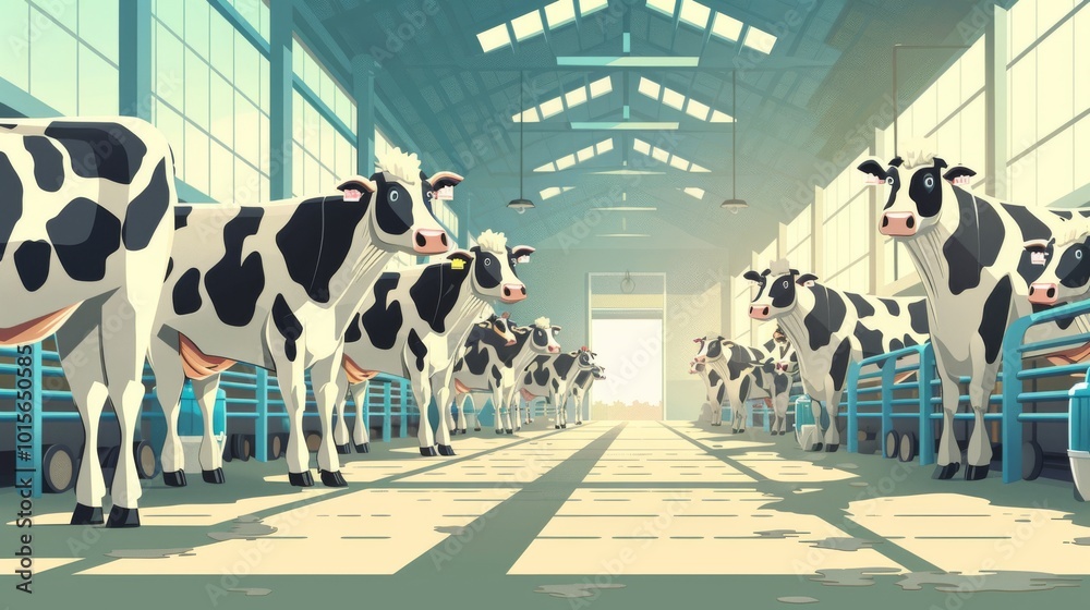 Cartoon vector Modern cattle farm scene with cows in spacious barns and ...