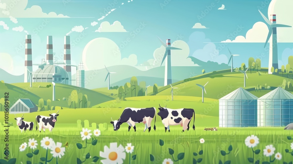 Cartoon illustration of a sustainable cattle farm with green energy ...