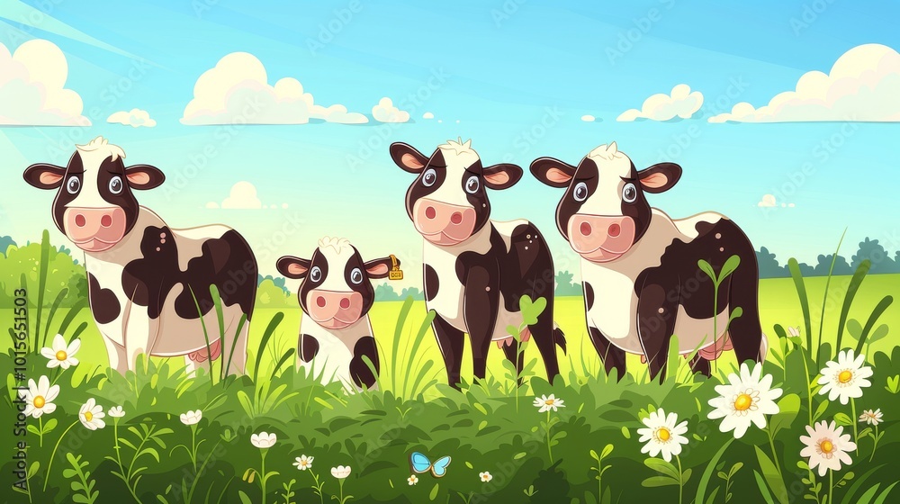 Cartoon vector Happy cows on a modern cattle farm with clean water ...
