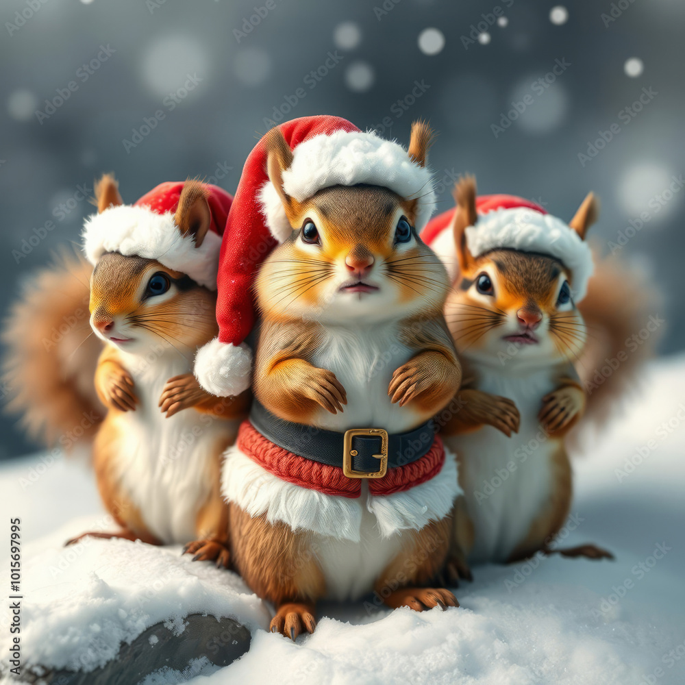 Three cute squirrels in Santa hats posing on snow, festive Christmas ...