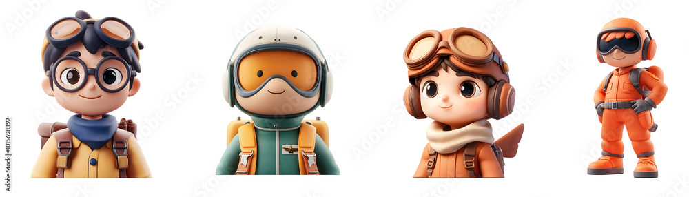 Four animated characters showcasing different aviator outfits, smiling ...