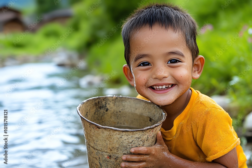 Rural child carrying water from a river, with a worn bucket and tired ...
